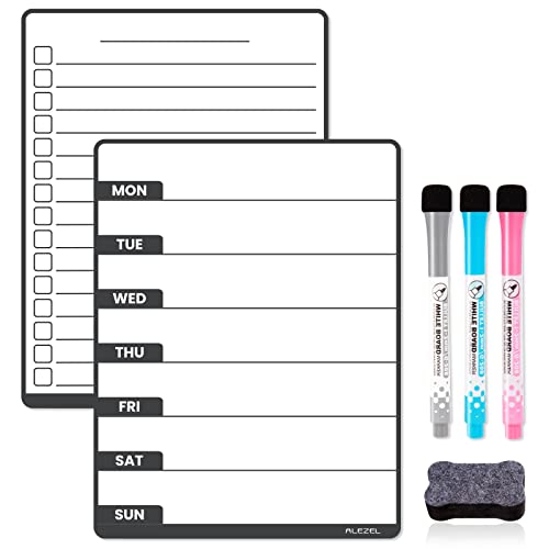 ALEZEL Magnetic Weekly Calendar for Fridge - 8.5"x6.5", Simple Dry Erase Menu Board Set for Fridge - Includes 1 Grocery List (to Do List) & 1 Weekly Meal Planner Whiteboard, 3 Markers + 1 Eraser