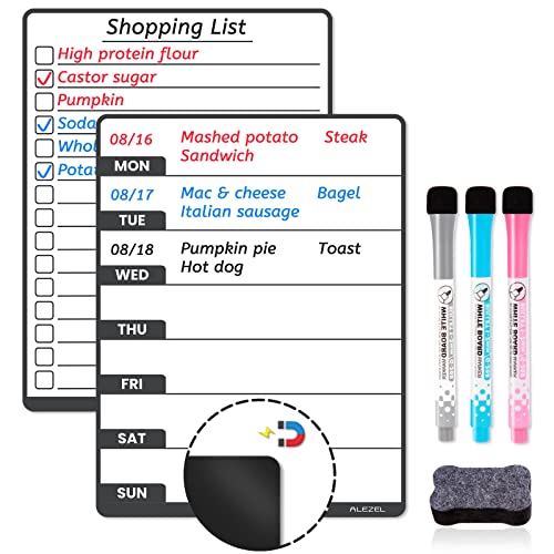 ALEZEL Magnetic Weekly Calendar for Fridge - 8.5"x6.5", Simple Dry Erase Menu Board Set for Fridge - Includes 1 Grocery List (to Do List) & 1 Weekly Meal Planner Whiteboard, 3 Markers + 1 Eraser