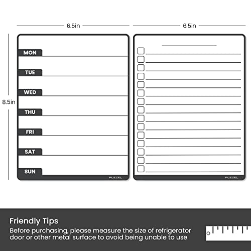 ALEZEL Magnetic Weekly Calendar for Fridge - 8.5"x6.5", Simple Dry Erase Menu Board Set for Fridge - Includes 1 Grocery List (to Do List) & 1 Weekly Meal Planner Whiteboard, 3 Markers + 1 Eraser