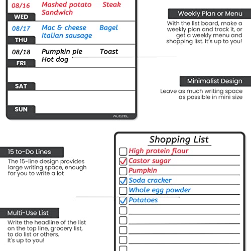 ALEZEL Magnetic Weekly Calendar for Fridge - 8.5"x6.5", Simple Dry Erase Menu Board Set for Fridge - Includes 1 Grocery List (to Do List) & 1 Weekly Meal Planner Whiteboard, 3 Markers + 1 Eraser