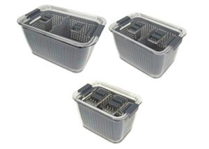 kitchen spaces gray colander bin variety pack, fridge organizers, produce storage, keep vegetables fresh, lettuce, grape or strawberry holder, three sizes