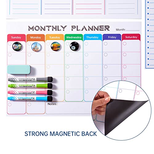 White Board Calendar Dry Erase - Monthly Calendar Whiteboard for Fridge, Weekly Magnetic Calendar for Refrigerator, Grocery List Magnet Pad for Family Planner Kitchen Schedule Board