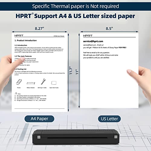 HPRT Wireless Bluetooth Portable Printer+Case+Ribbon 3 in 1 by Thermal Transfer MT800 for Traveling Printer Compatible with Android and iOS Phone,Support 8.5" X 11" US Letter & A4 Paper