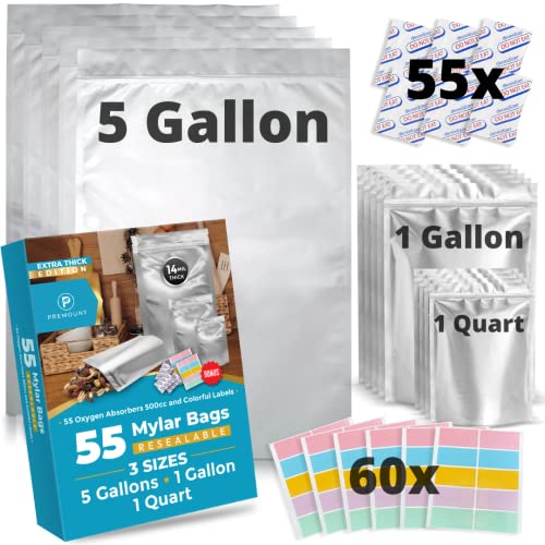 Premount 14 Mil Mega Thick 55 Mylar Bags for Food Storage With Oxygen Absorbers 500cc - Mylar Bags 5 Gallon 17x26, 1 Gallon 10x14, 1 Quart 7x10 - Mylar Bags With Oxygen Absorbers + Labels