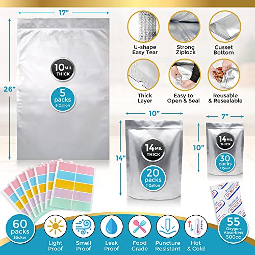 Premount 14 Mil Mega Thick 55 Mylar Bags for Food Storage With Oxygen Absorbers 500cc - Mylar Bags 5 Gallon 17x26, 1 Gallon 10x14, 1 Quart 7x10 - Mylar Bags With Oxygen Absorbers + Labels