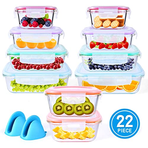 [20 Piece] Glass Food Storage Airtight & Leakproof Containers Set with Snap Lock Lids, Bonus 2 Oven Silicone Gloves, Safe for Dishwasher, Oven, Microwave,Freezer, BPA Free