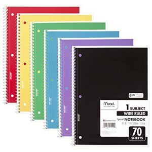 mead spiral notebooks, 6 pack, 1-subject, wide ruled paper, 10-1/2″ x 8″, 70 sheets per notebook, assorted colors (73063)