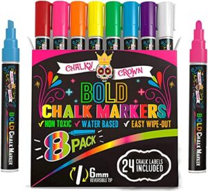 bold chalk markers – dry erase marker pens – chalk markers for chalkboards, signs, windows, blackboard, glass – reversible tip (8 pack) – (multicolored, 6mm)