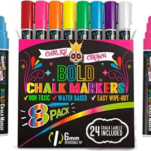 Bold Chalk Markers - Dry Erase Marker Pens - Chalk Markers for Chalkboards, Signs, Windows, Blackboard, Glass - Reversible Tip (8 Pack) - (Multicolored, 6mm)