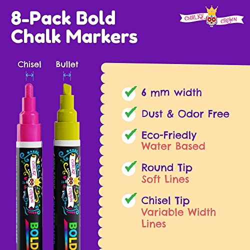 Bold Chalk Markers - Dry Erase Marker Pens - Chalk Markers for Chalkboards, Signs, Windows, Blackboard, Glass - Reversible Tip (8 Pack) - (Multicolored, 6mm)