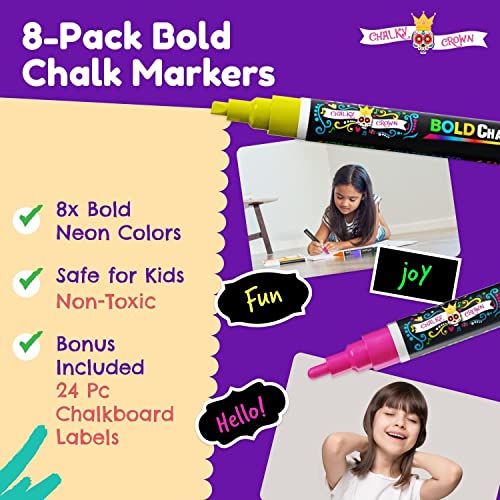 Bold Chalk Markers - Dry Erase Marker Pens - Chalk Markers for Chalkboards, Signs, Windows, Blackboard, Glass - Reversible Tip (8 Pack) - (Multicolored, 6mm)