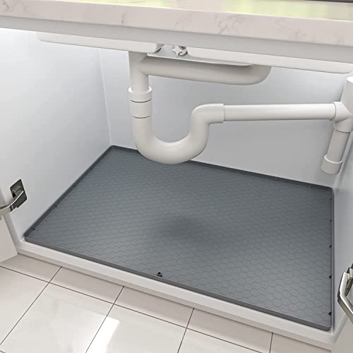 Under Sink Mat, 28'' x 22'' Silicone Under Sink Liner, Waterproof Shelf Liner with Drain Hole, Kitchen Bathroom Cabinet Mats (Grey)