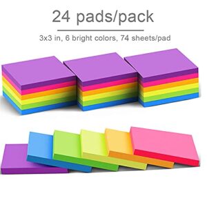 (24 Pack) Sticky Notes 3x3 in Post Bright Stickies Colorful Super Sticking Power Memo Pads, Strong Adhesive, 74 Sheets/pad