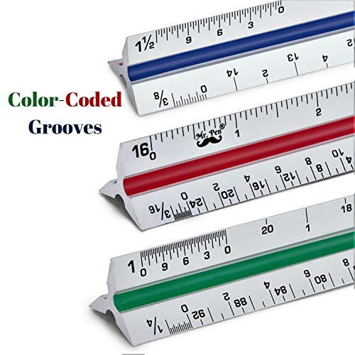 Mr. Pen Triangular, Architectural, Aluminum Scale Ruler for Blueprint, Drafting, Color-Coded, 12 Inches