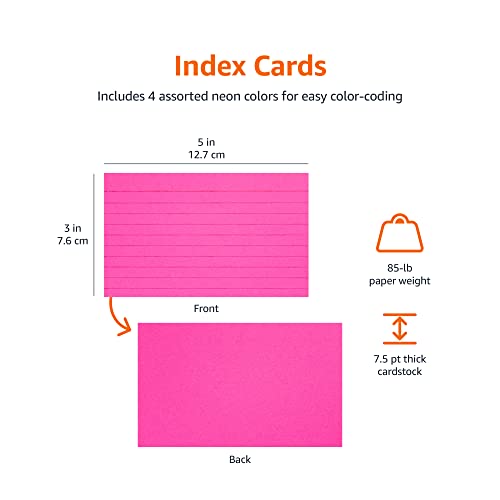 Amazon Basics Ruled Index Flash Cards, Assorted Neon Colored, 3x5 Inch, 300-Count