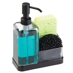 mdesign plastic kitchen sink countertop hand soap dispenser pump bottle caddy organizer holder with storage for bathroom – holds dish sponge and brushes – omni collection – graphite/matte black