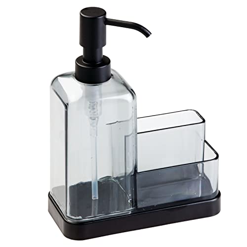 mDesign Plastic Kitchen Sink Countertop Hand Soap Dispenser Pump Bottle Caddy Organizer Holder with Storage for Bathroom - Holds Dish Sponge and Brushes - Omni Collection - Graphite/Matte Black