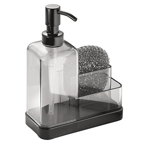 mDesign Plastic Kitchen Sink Countertop Hand Soap Dispenser Pump Bottle Caddy Organizer Holder with Storage for Bathroom - Holds Dish Sponge and Brushes - Omni Collection - Graphite/Matte Black