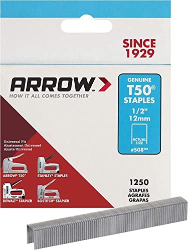 Arrow 508 Heavy Duty T50 1/2-Inch Staples for Upholstery, Construction, Furniture, Crafts, 1250-Pack