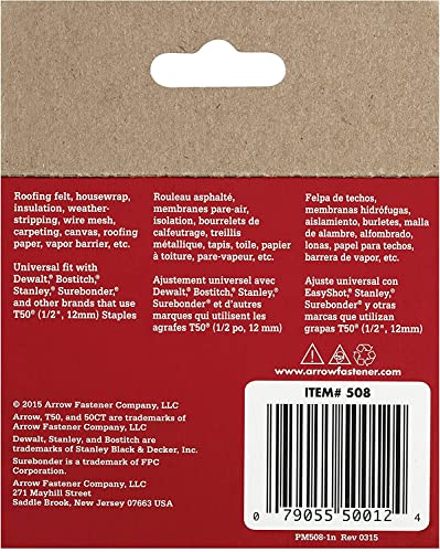 Arrow 508 Heavy Duty T50 1/2-Inch Staples for Upholstery, Construction, Furniture, Crafts, 1250-Pack