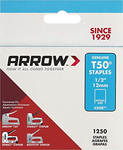 Arrow 508 Heavy Duty T50 1/2-Inch Staples for Upholstery, Construction, Furniture, Crafts, 1250-Pack