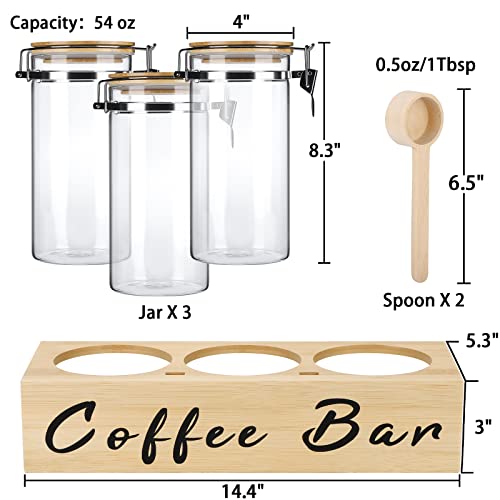 Liengoron 3PCS Glass Coffee Containers with Shelf 3x54oz Glass Coffee Bean Storage Container with Airtight Locking Clamp Lid Spoons Coffee Canister Set Jars for Kitchen Food Storage Coffee Tea Sugar