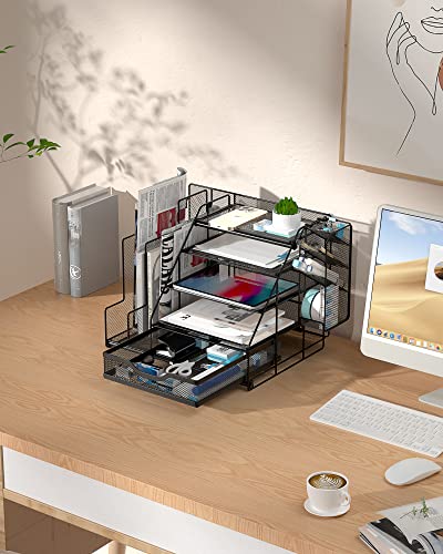 Egepon Office Desk Organizer with Vertical File Folder Holders 5-Tier Paper Letter Tray with Drawer and Hanging Pen Holder Multifunction Office Supplies and Accessories for Office School Home