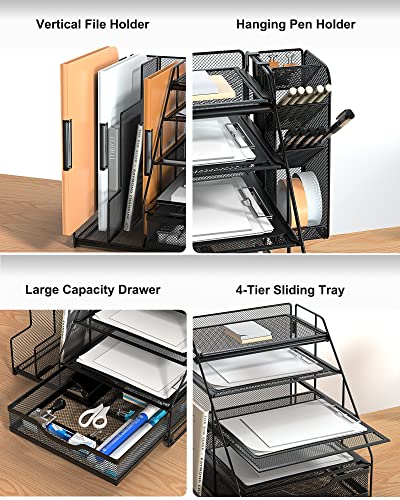 Egepon Office Desk Organizer with Vertical File Folder Holders 5-Tier Paper Letter Tray with Drawer and Hanging Pen Holder Multifunction Office Supplies and Accessories for Office School Home