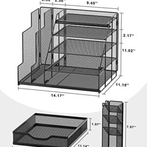 Egepon Office Desk Organizer with Vertical File Folder Holders 5-Tier Paper Letter Tray with Drawer and Hanging Pen Holder Multifunction Office Supplies and Accessories for Office School Home