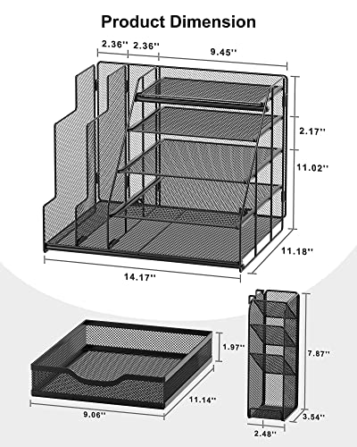 Egepon Office Desk Organizer with Vertical File Folder Holders 5-Tier Paper Letter Tray with Drawer and Hanging Pen Holder Multifunction Office Supplies and Accessories for Office School Home