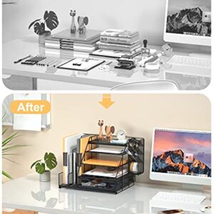 Egepon Office Desk Organizer with Vertical File Folder Holders 5-Tier Paper Letter Tray with Drawer and Hanging Pen Holder Multifunction Office Supplies and Accessories for Office School Home