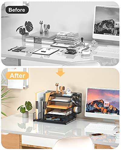 Egepon Office Desk Organizer with Vertical File Folder Holders 5-Tier Paper Letter Tray with Drawer and Hanging Pen Holder Multifunction Office Supplies and Accessories for Office School Home