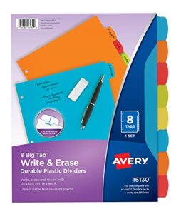 avery big tab write & erase durable plastic dividers for 3 ring binders, 8-tab set, bright multicolor, 1 set (16130)