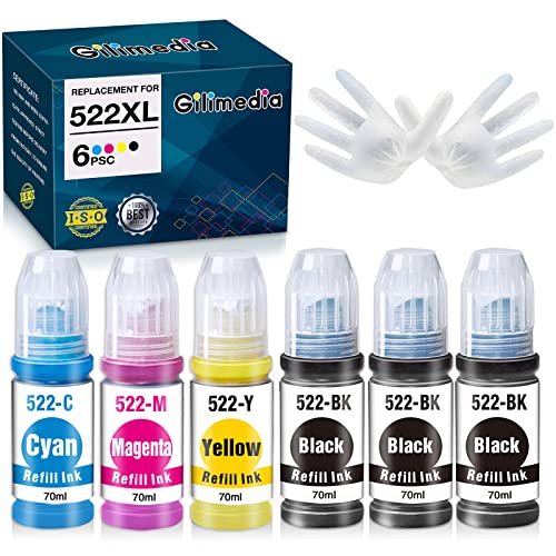 GILIMEDIA Compatible 522 Refill Ink Bottles for 502 T522 T502 Work with EcoTank ET-2720 ET-2760 ET-2800 ET-4700 ET-2803 ET-2750 ET-3750 ET-4750 ET-3760 ET-4760 Printer, 6-Pack