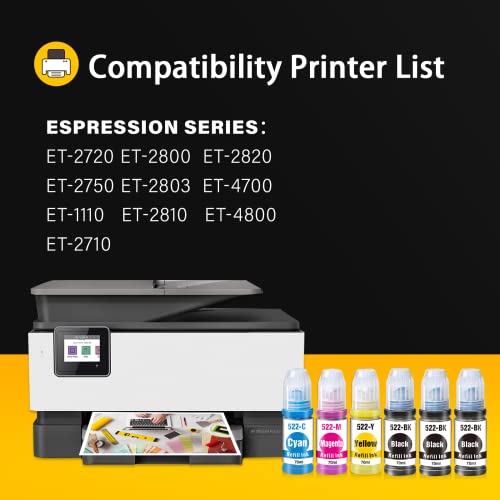 GILIMEDIA Compatible 522 Refill Ink Bottles for 502 T522 T502 Work with EcoTank ET-2720 ET-2760 ET-2800 ET-4700 ET-2803 ET-2750 ET-3750 ET-4750 ET-3760 ET-4760 Printer, 6-Pack