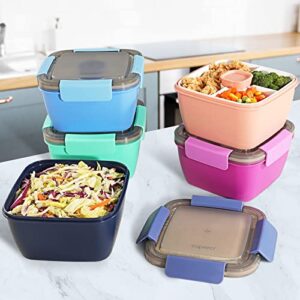 Caperci Salad Container for Lunch To Go - 2-Pack 52 oz Salad Bowls Bento Lunch Box Container with 4-Compartment Tray, 2-oz Sauce Container, Reusable Spork & BPA-Free (Navy & Navy)