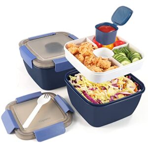 caperci salad container for lunch to go – 2-pack 52 oz salad bowls bento lunch box container with 4-compartment tray, 2-oz sauce container, reusable spork & bpa-free (navy & navy)