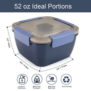 Caperci Salad Container for Lunch To Go - 2-Pack 52 oz Salad Bowls Bento Lunch Box Container with 4-Compartment Tray, 2-oz Sauce Container, Reusable Spork & BPA-Free (Navy & Navy)