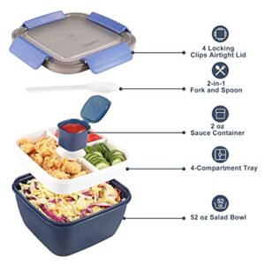 Caperci Salad Container for Lunch To Go - 2-Pack 52 oz Salad Bowls Bento Lunch Box Container with 4-Compartment Tray, 2-oz Sauce Container, Reusable Spork & BPA-Free (Navy & Navy)