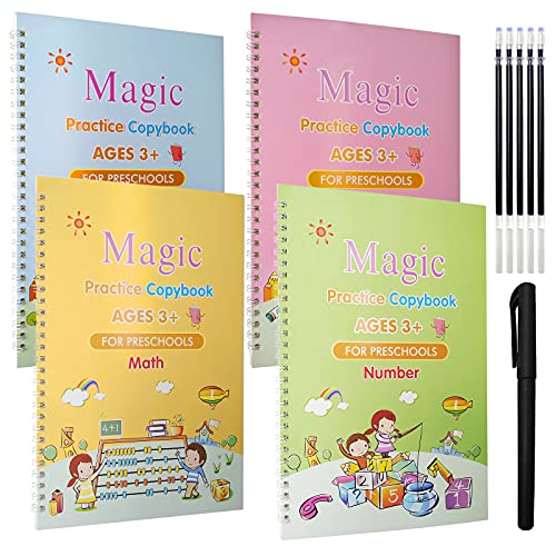 Magic Reusable Practice Copybook for Kids,Magic Reusable Practice Copybook,Practice Copybook for Age 3-5 Calligraphy Simple Hand Lettering (Exercise book four sets)