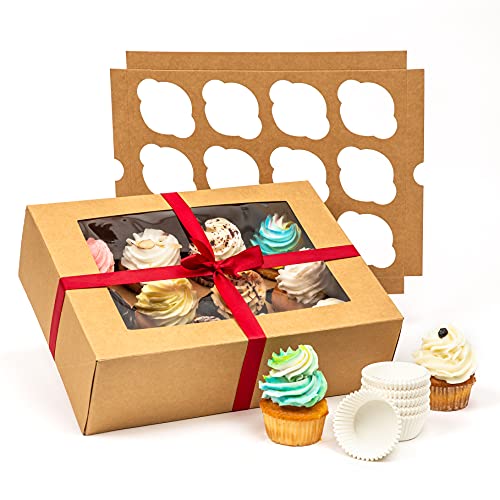 SMIRLY Cupcake Boxes 4 Count: Disposable Cupcake Containers 4 Count, Cupcake Holder with Lid, Cupcake Carrier, Bakery Boxes with Window, Pastry Boxes, Brown Cookie Boxes with Window Long Treat Boxes