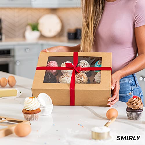 SMIRLY Cupcake Boxes 4 Count: Disposable Cupcake Containers 4 Count, Cupcake Holder with Lid, Cupcake Carrier, Bakery Boxes with Window, Pastry Boxes, Brown Cookie Boxes with Window Long Treat Boxes