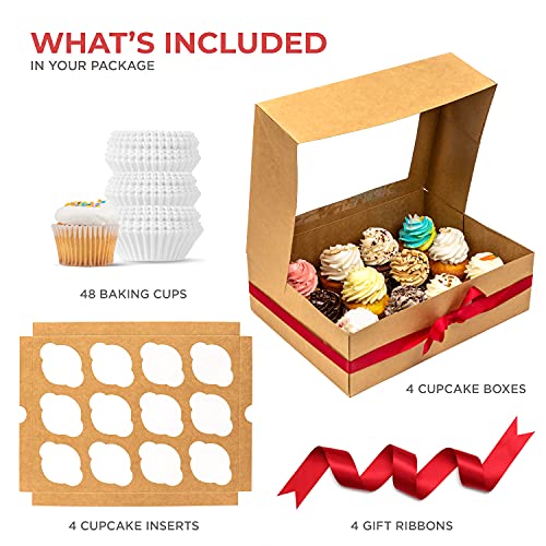 SMIRLY Cupcake Boxes 4 Count: Disposable Cupcake Containers 4 Count, Cupcake Holder with Lid, Cupcake Carrier, Bakery Boxes with Window, Pastry Boxes, Brown Cookie Boxes with Window Long Treat Boxes