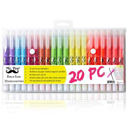 Mr. Pen No Bleed Gel Highlighter, Bible Highlighters, Assorted Colors, Pack of 20