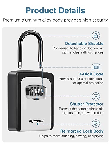 Puroma Key Lock Box Waterproof Combination Lockbox Portable Resettable Wall Mounted & Hanging Key Safe Lock Box for House Keys, Realtors, Garage Spare, Gray (1 Pack)