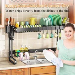 Over The Sink Dish Drying Rack, 2 Tier Adjustable Length (18.9" to 33.5") Sturdy Kitchen Counter Dish Rack Organizer, Black