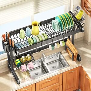 Over The Sink Dish Drying Rack, 2 Tier Adjustable Length (18.9" to 33.5") Sturdy Kitchen Counter Dish Rack Organizer, Black