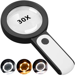 jmh magnifying glass with light, 30x handheld large magnifying glass 18led cold and warm light with 3 modes, illuminated lighted magnifier for seniors reading, inspection, coins, jewelry, exploring