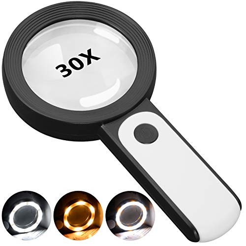 JMH Magnifying Glass with Light, 30X Handheld Large Magnifying Glass 18LED Cold and Warm Light with 3 Modes, Illuminated Lighted Magnifier for Seniors Reading, Inspection, Coins, Jewelry, Exploring