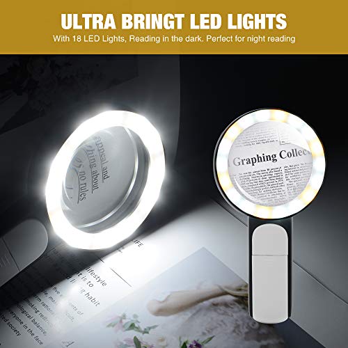 JMH Magnifying Glass with Light, 30X Handheld Large Magnifying Glass 18LED Cold and Warm Light with 3 Modes, Illuminated Lighted Magnifier for Seniors Reading, Inspection, Coins, Jewelry, Exploring